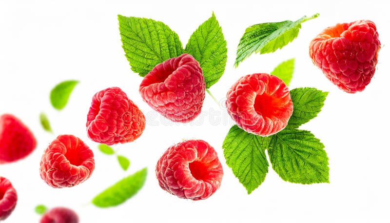 Raspberries Falling or Flying in the Air with Green Leaves Isolated on ...