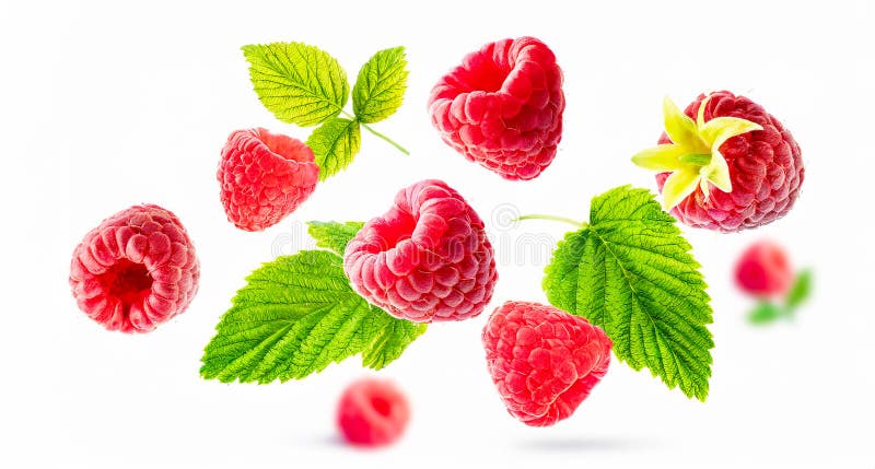 Raspberries Falling or Flying in the Air with Green Leaves Isolated on ...