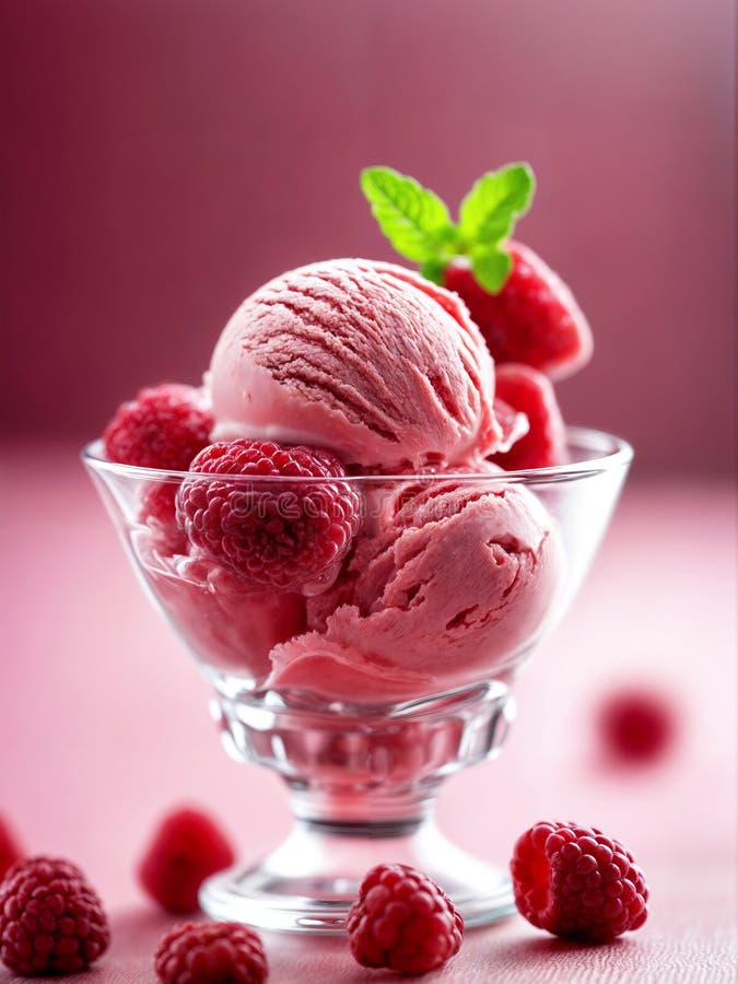 Raspberry Ice Cream. Ice Cream in a Clear Glass and Raspberries on a ...