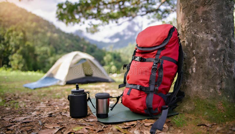 Realistic Hiking Red Backpack Set Up at a Campsite with Mountain and ...