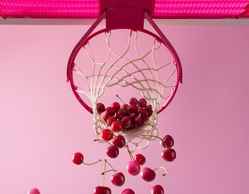 Red Cherries Falling Basketball Hoop Against Pink Sky Stock Photos ...