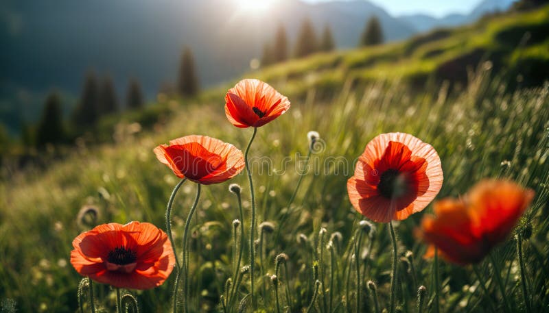 Red Poppy. Poppy Blossom. Mountain Landscape with Blooming Red Poppy at ...