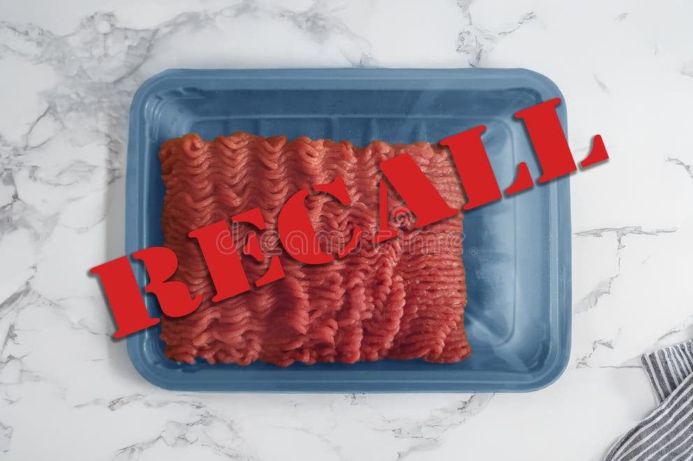 Red Recall Warning Message Over Tray of Raw Ground Beef, Flat Lay Stock ...