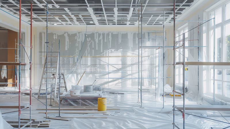 Renovation Scene with Scaffolding and Painting Materials in a Sunlit ...