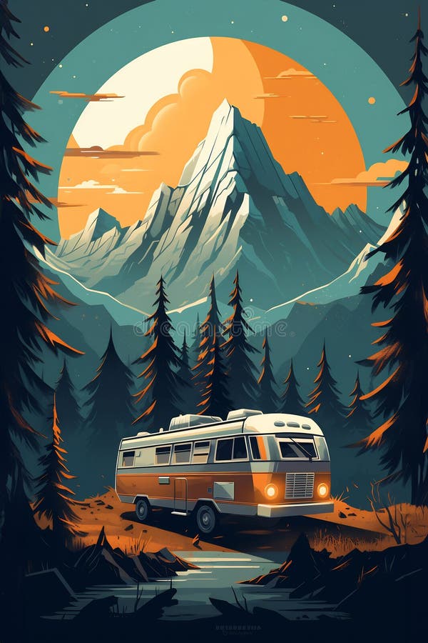 Vintage Camper Van Parked Near Mountain Under Starry Sky Stock Photo ...