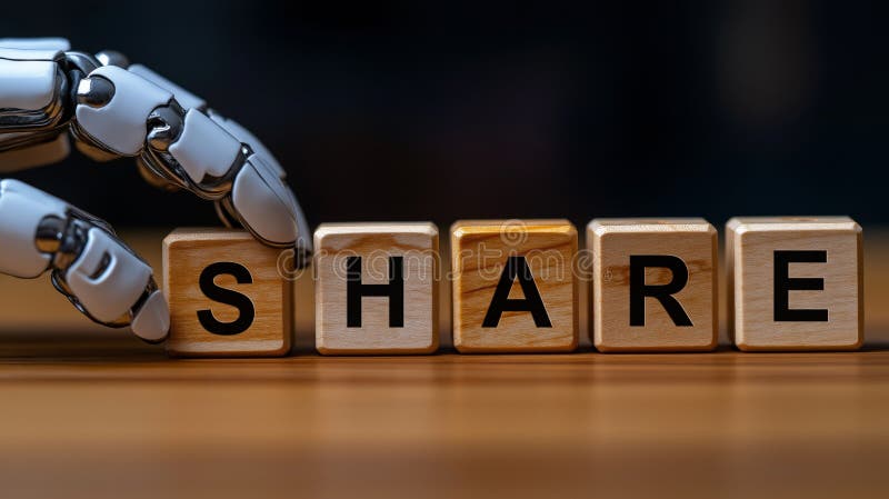 Robot Hand Arranging Wooden Blocks Spelling SHARE on a Wooden Surface ...