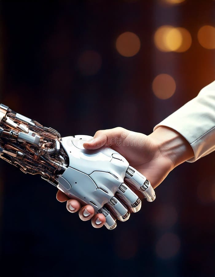 Generated Image. Robot Woman Hand Shakes Hand with Human Hand Stock ...