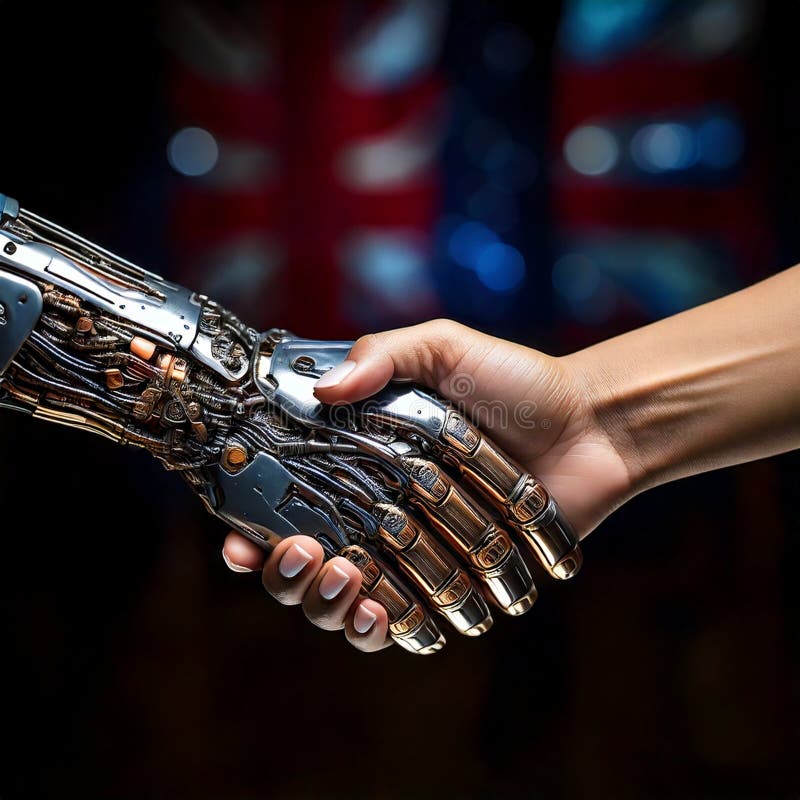 Generated Image. Robot Woman Hand Shakes Hand with Human Hand Stock ...