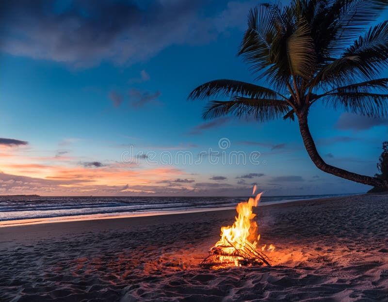 Romantic Campfire on Lonely Beach Stock Illustration - Illustration of ...