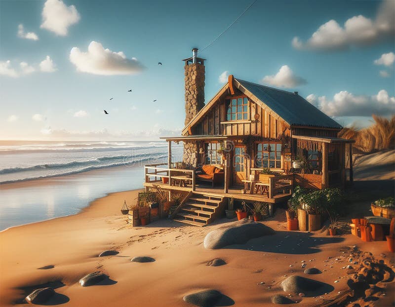 Generated Image a Rustic Wooden Cabin Perched on the Beach with a ...