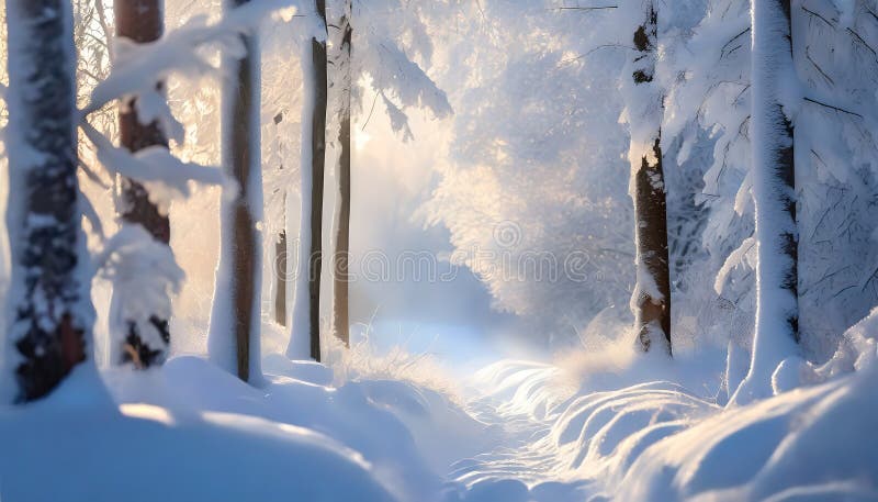 A Serene Snowy Forest Pathway with Sunlight Streaming through Frosty ...
