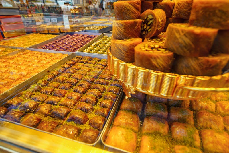 A Showcase with Sweets in a Pastry Shop, Turkish Delight, Baklava, Etc ...