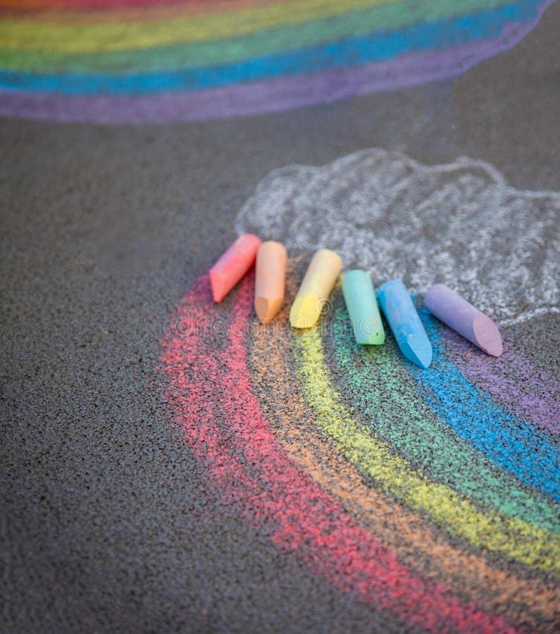 Sidewalk Chalk Drawing. a Rainbow Painted on the Asphalt. Kids ...
