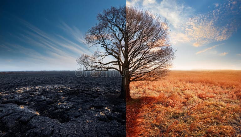 A Split Image Showing a Tree Representing Different Seasons with Dark ...
