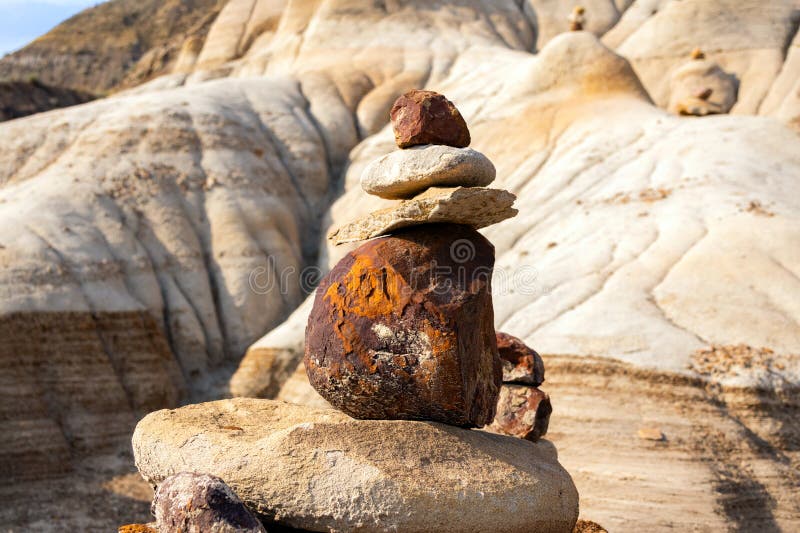 Stack of Bright Balancing Rocks in Badland Canyon in Summer. Stock ...