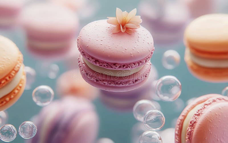 Stack Brightly Colored Macarons Rising, Floating Air, Tiny Bubbles ...