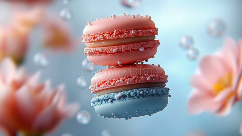 Stack Brightly Colored Macarons Rising, Floating Air, Tiny Bubbles ...