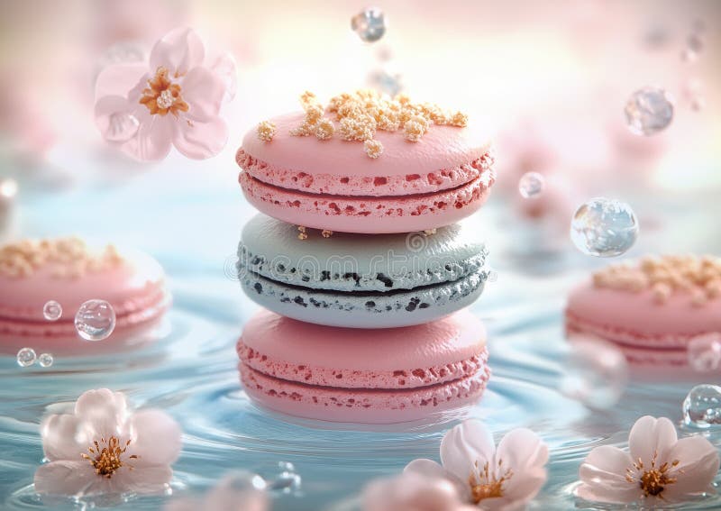 Stack Brightly Colored Macarons Rising, Floating Air, Tiny Bubbles ...