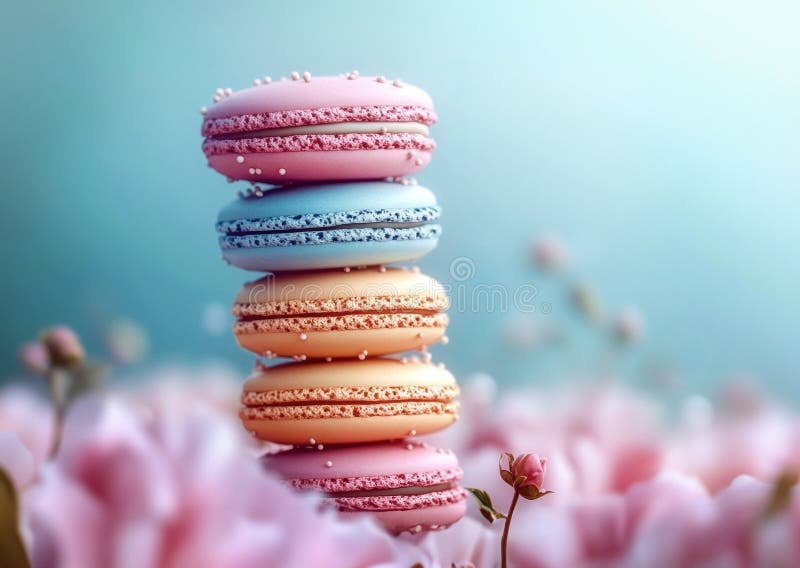 Stack Brightly Colored Macarons Rising, Floating Air, Tiny Bubbles ...