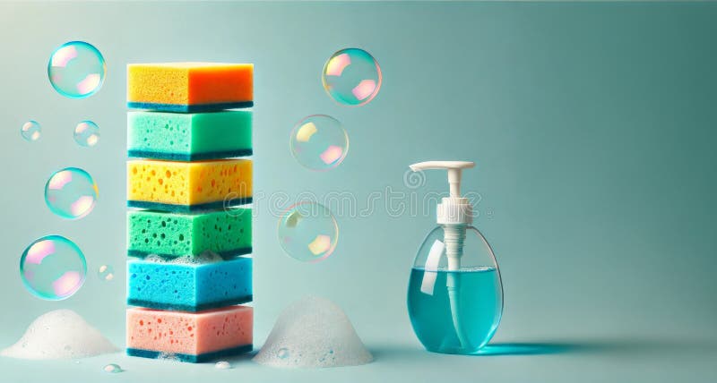 Colorful Stacked Sponges with Liquid Soap and Bubbles Stock Image ...