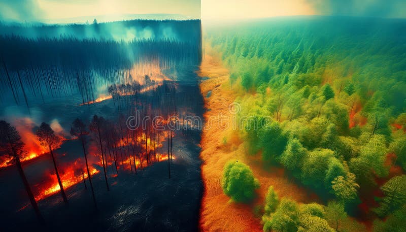 A Stark Contrast Wildfire Devastation Juxtaposed with Vibrant Forest ...