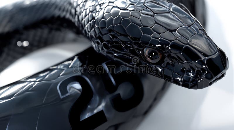 A Detailed Close-up of a Glossy Black Snake Coiling Around a Large ...