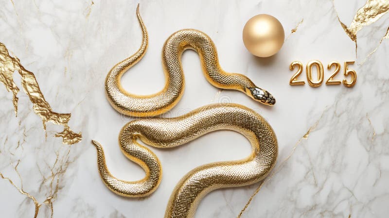 Golden Snake and Orb on Marble Background for 2025 Stock Image - Image ...