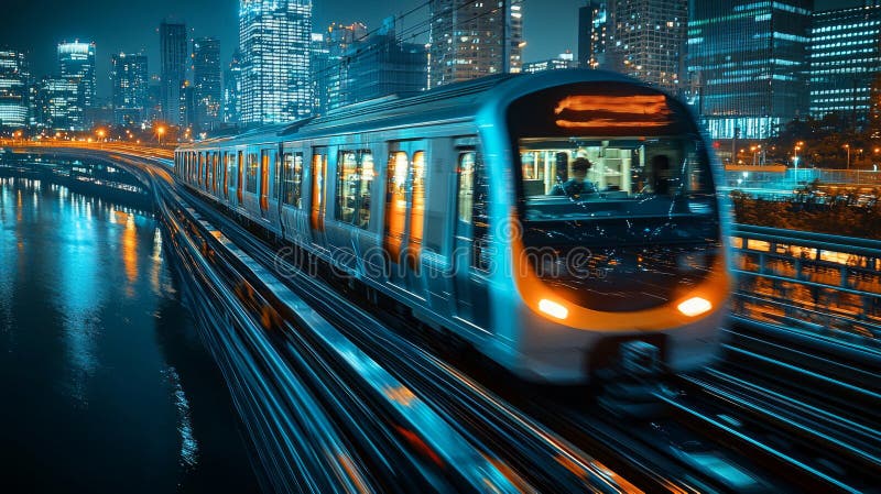 Subway Train Glides City Night Illuminated Artificial Lights. Motion ...