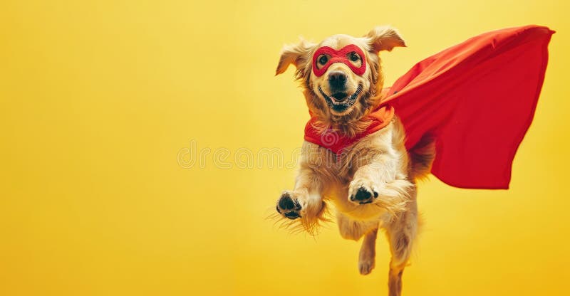 Super Dog Concept. Dog Wearing Red Mask and Cape Flying on the Yellow ...