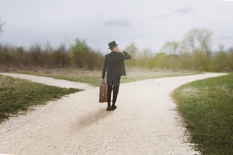 Surreal Man with Suitcase is Undecided on Which Path To Choose To ...