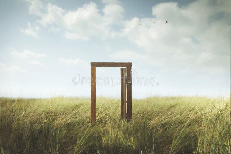 Surreal Open Door in the Middle of Nature, Symbol of Passage Stock ...