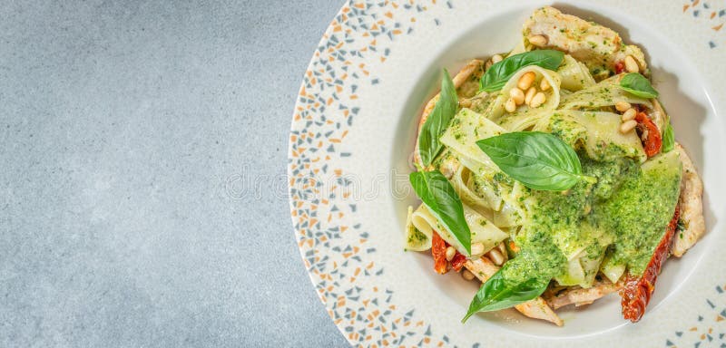Tagliatelle Pasta with Pesto, Chicken and Parmesan, Long Banner Format ...