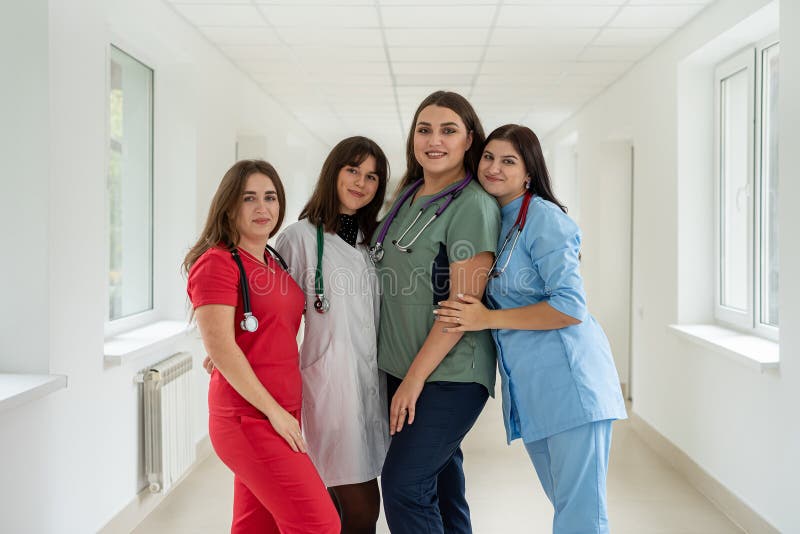 Team of Doctors or Student Stand at Modern Clinic Corridor Stock Photo ...