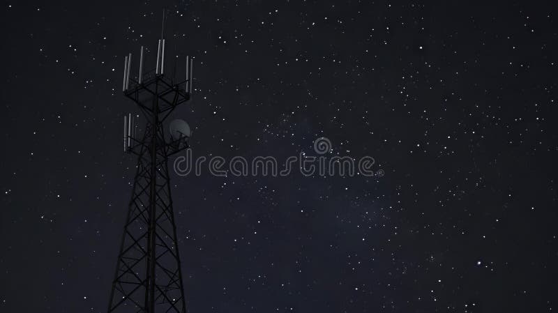 Telecommunication Tower at Night Under Vast Starry Sky. Concept of ...