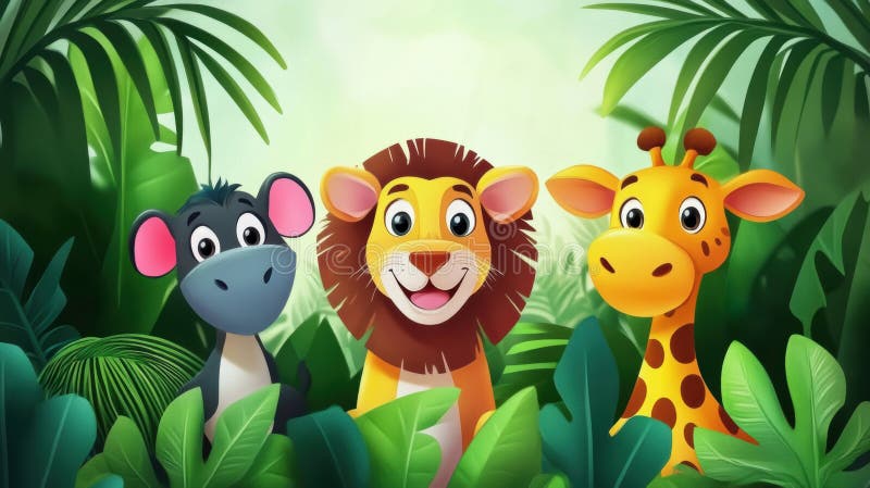 Three Cartoon Animals are Standing in the Jungle with Leaves, AI Stock ...