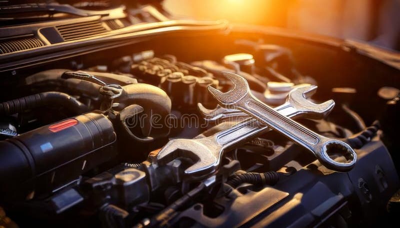 Tools in the Car Engine, Workshop Repair Stock Illustration ...