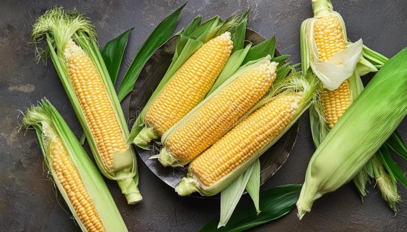 Top View Fresh Corn on Dark Stone Kitchen Table. Organic and Healthy ...