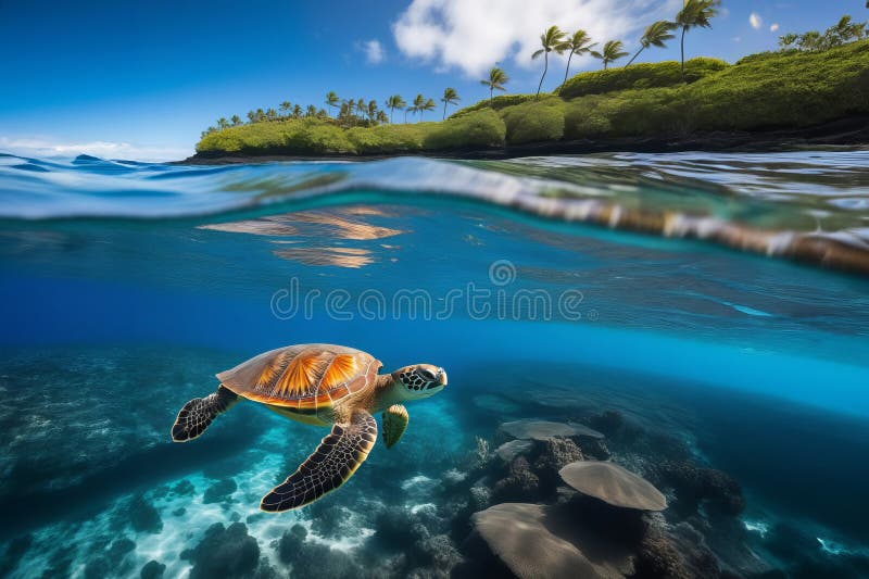 Generated Image a Turtle Swimming in the Ocean with a Small Island in ...