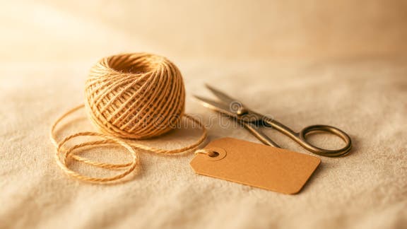 Twine Ball, Scissors, and Blank Tag on Soft Fabric Surface in Warm ...