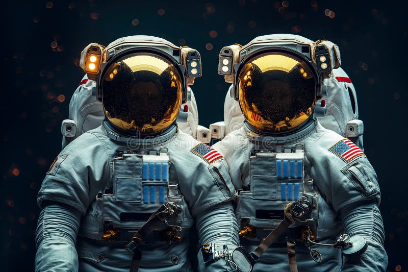 Two American Astronauts in Spacesuits in Outer Space Against Background ...