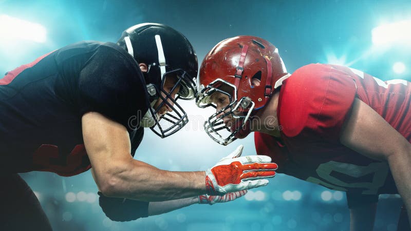 Two American Football Players in Helmets Confronting Each Other with ...