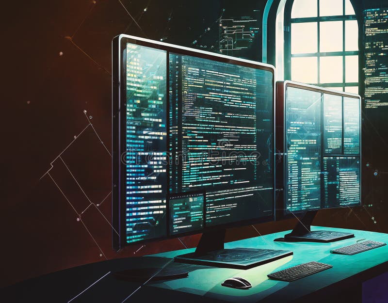 Two Computer Screens Displaying Code in a Dimly Lit Room, Suggesting Programming and Technology ...