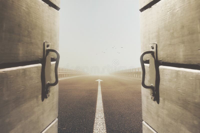 Two Open Doors Leading To a Road with Arrow in the Center and Setting ...