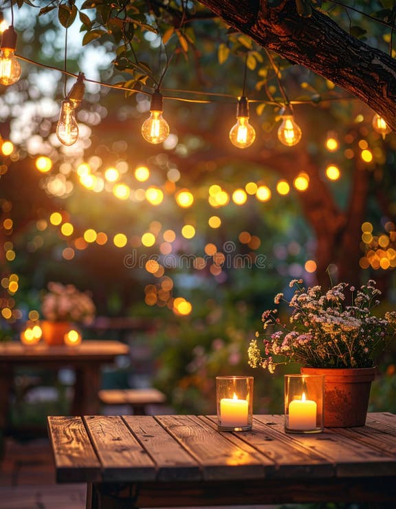 Cozy Outdoor Setting with Glowing String Lights, Candles, and Flowers ...