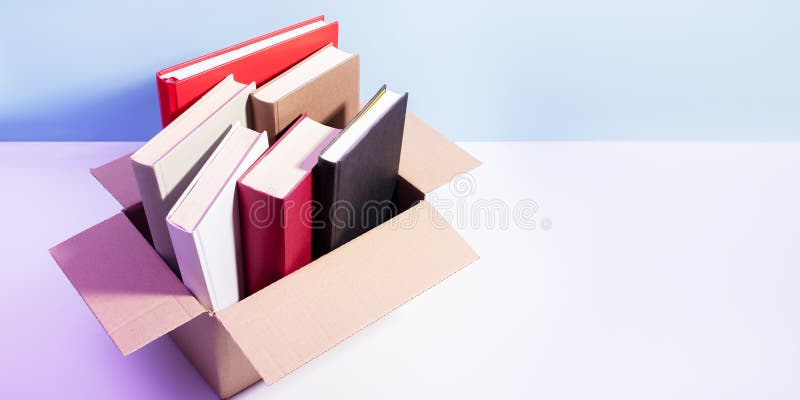 Books in a Box Ready for Donation on Blue, Copy Space. Concept of Books ...