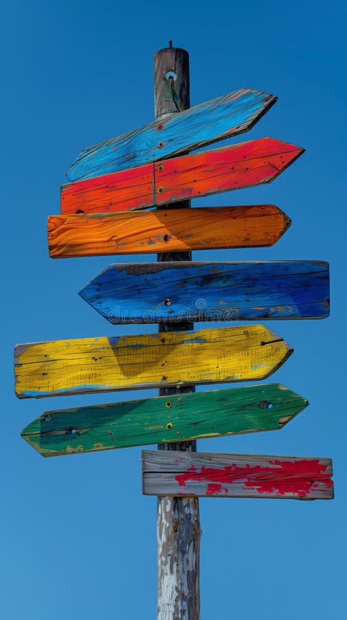 Colorful Wooden Signpost Against Blue Sky. Perfect for Travel, Choices ...
