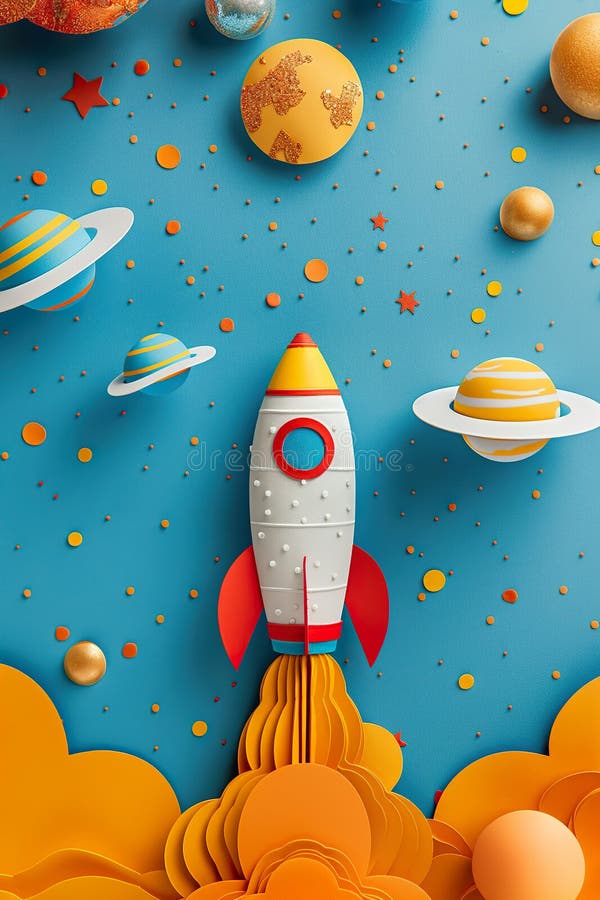 Vibrant and Playful Illustration of a Rocket Launching into a Space ...