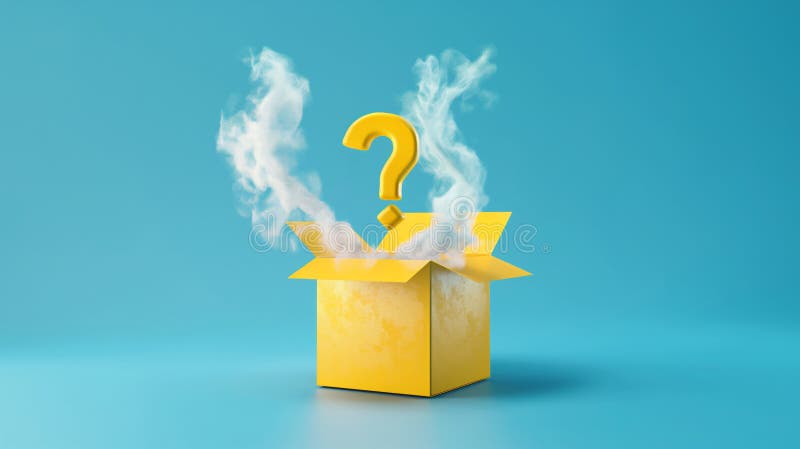 Vibrant Yellow Gift Box with a Luminous Question Mark on a Blue Misty ...