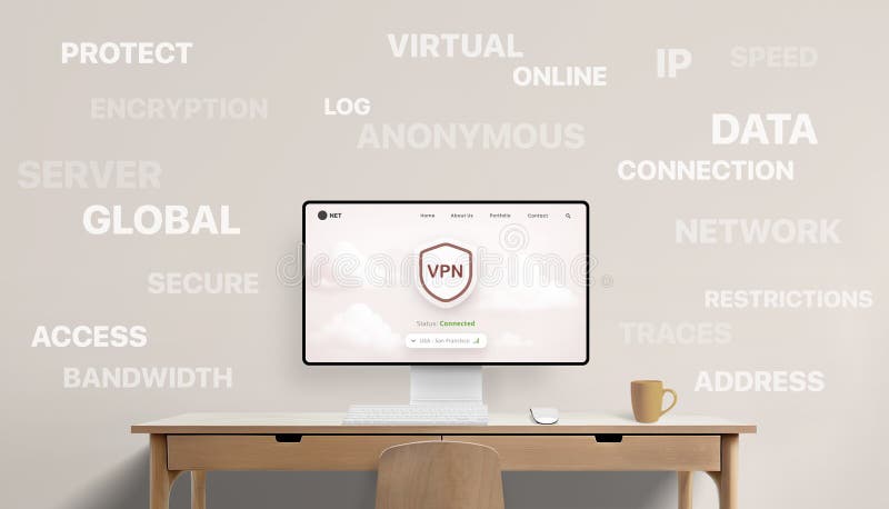 VPN Dashboard on Screen with Numerous Wall Words Like Protect Stock ...