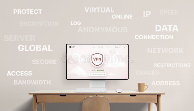 VPN Dashboard on Screen with Numerous Wall Words Like Protect Stock ...